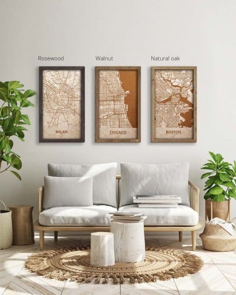 Wooden Street Map of Chicago - Urban City Plan, in an oak frame